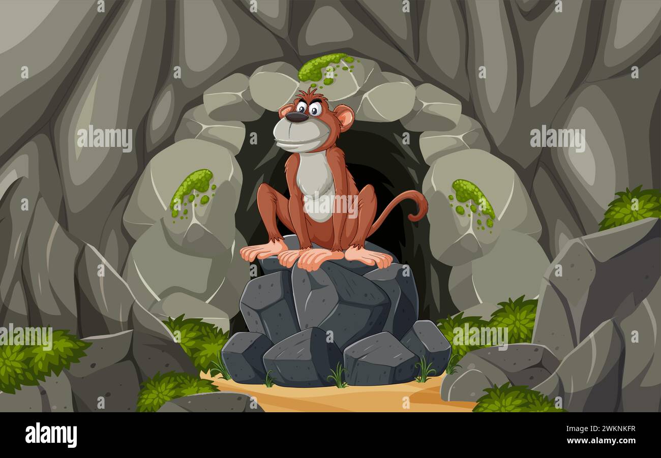 Cartoon monkey sitting at a stone cave entrance Stock Vector Image ...