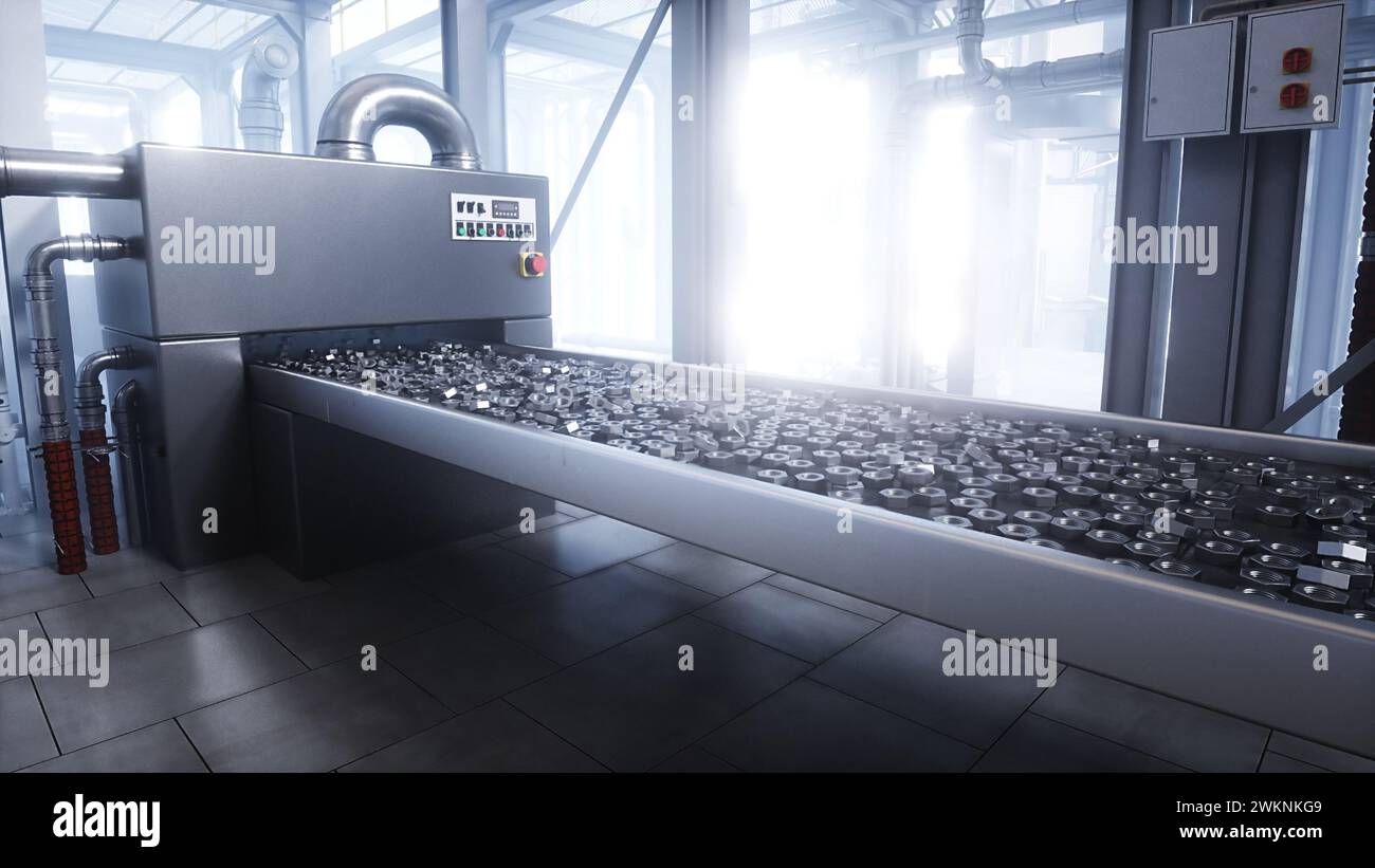 Metallic nut process production. Factory, production line. 3d rendering ...