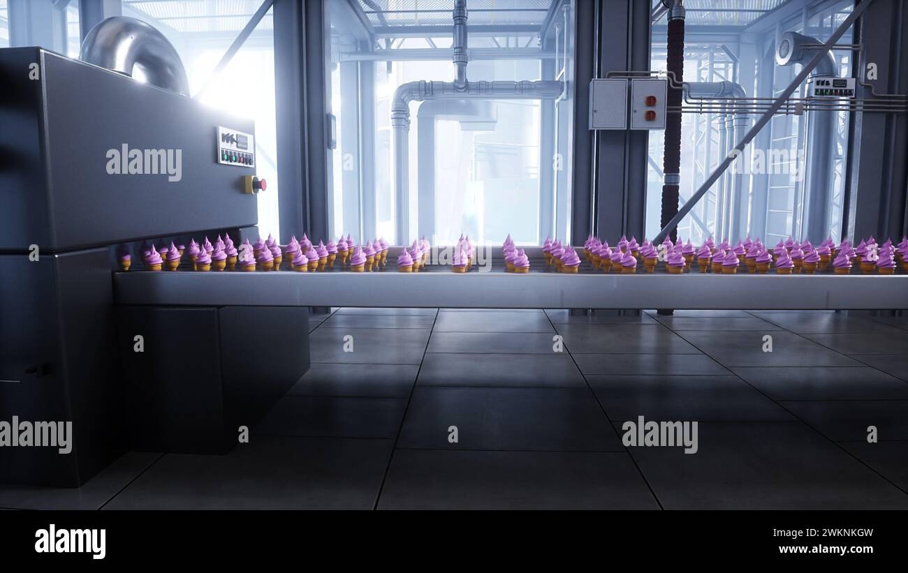 Ice cream production line. Factory. 3d rendering Stock Photo - Alamy