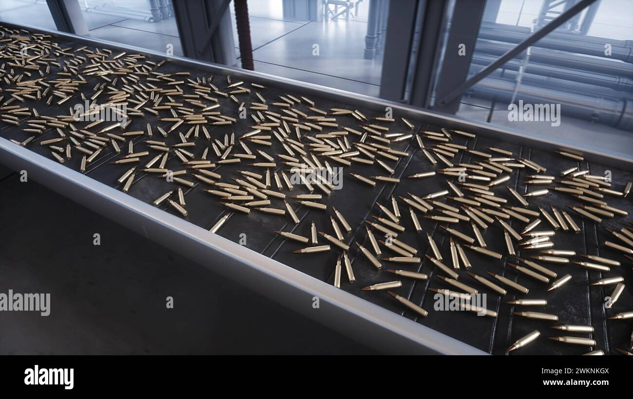 Bullet production, factory. Production line. War concept. 3d rendering ...