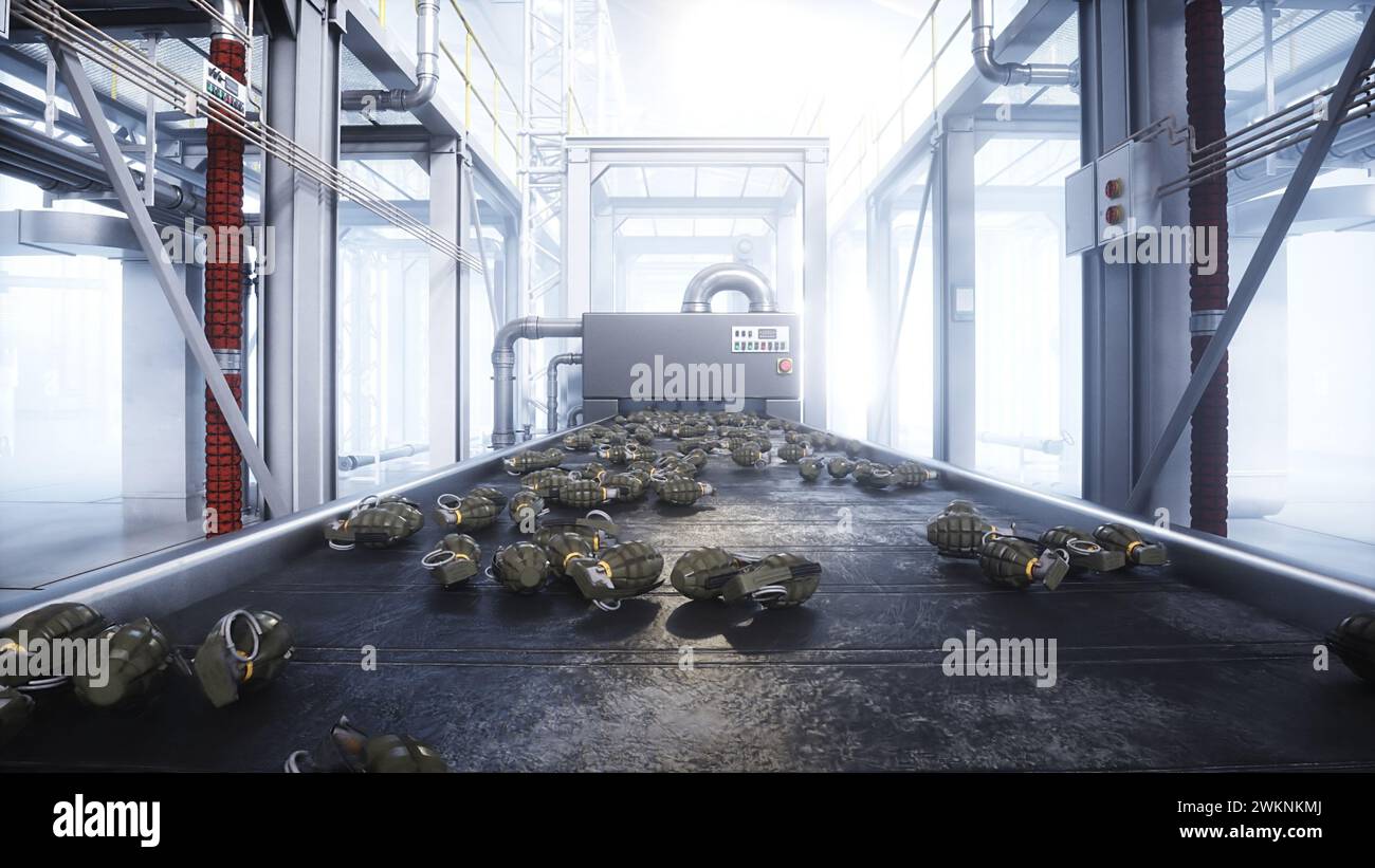 Military grenade production line. Factory. 3d rendering Stock Photo - Alamy