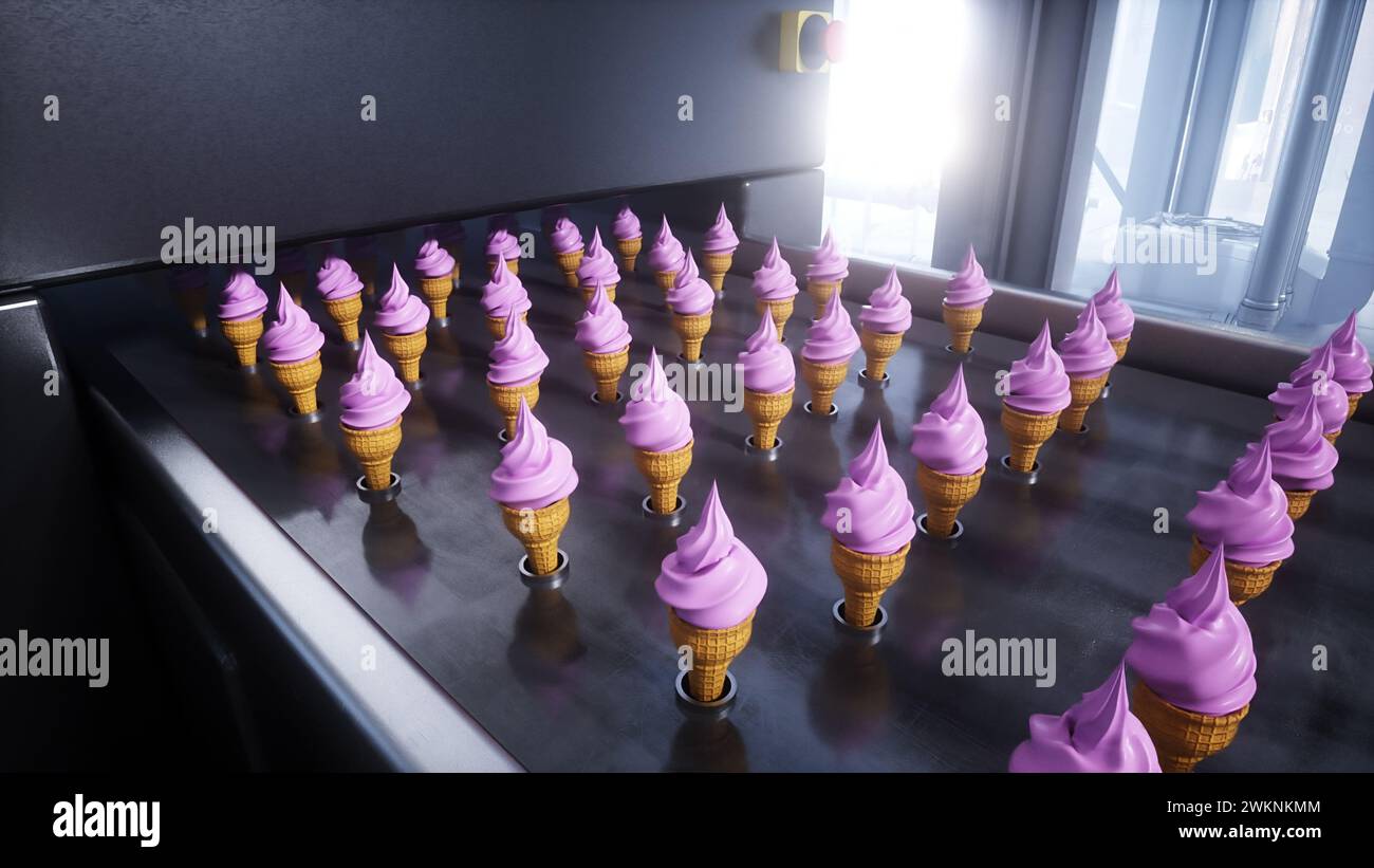 Ice cream production line. Factory. 3d rendering Stock Photo - Alamy