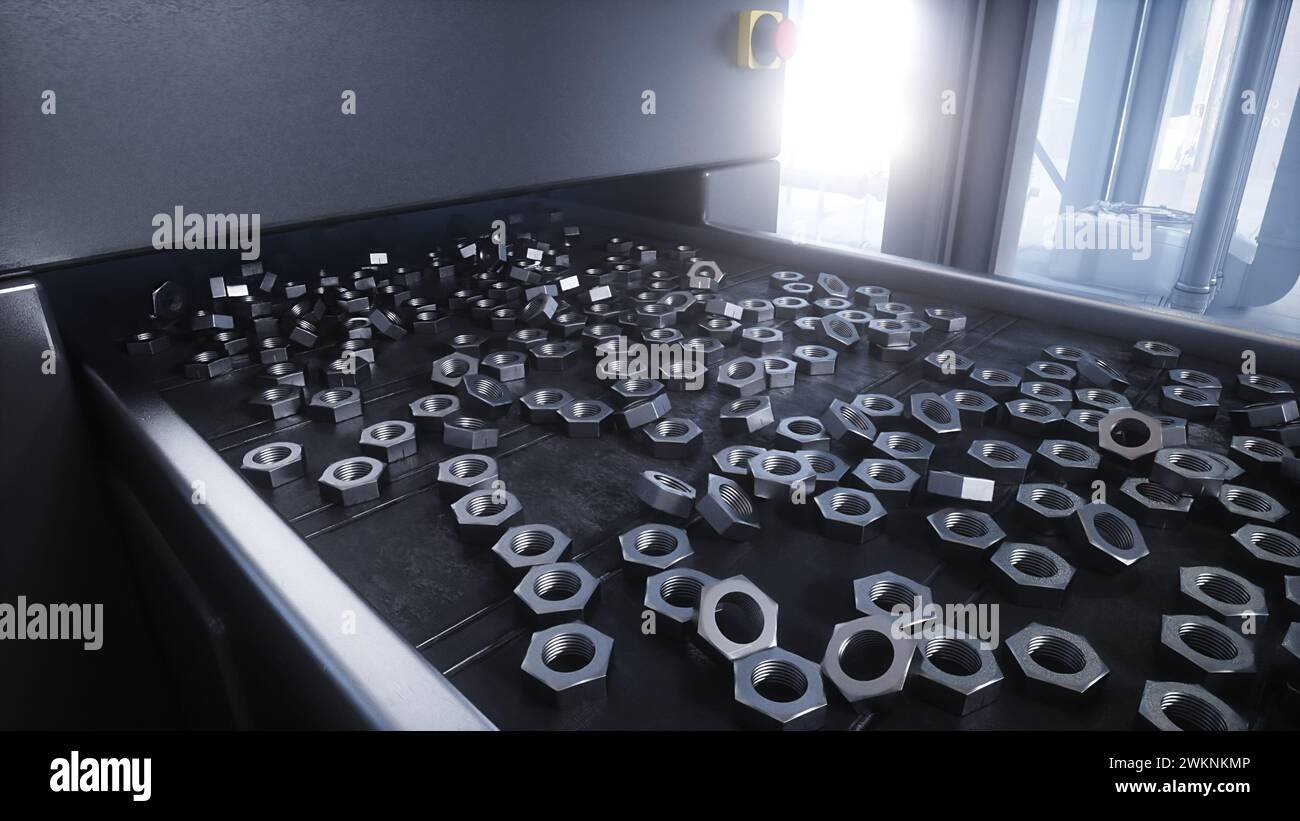 Metallic nut process production. Factory, production line. 3d rendering ...