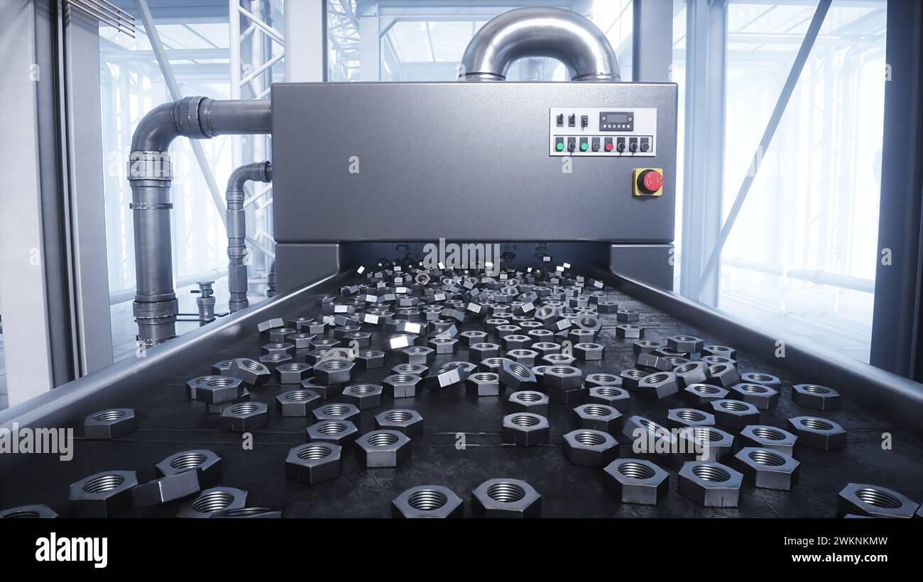 Metallic nut process production. Factory, production line. 3d rendering ...