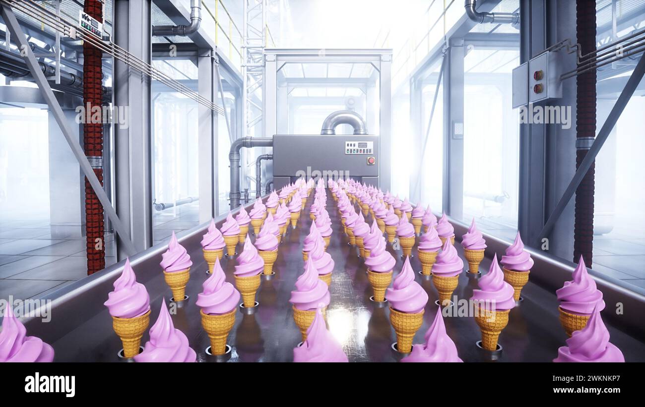 Ice cream production line. Factory. 3d rendering Stock Photo - Alamy