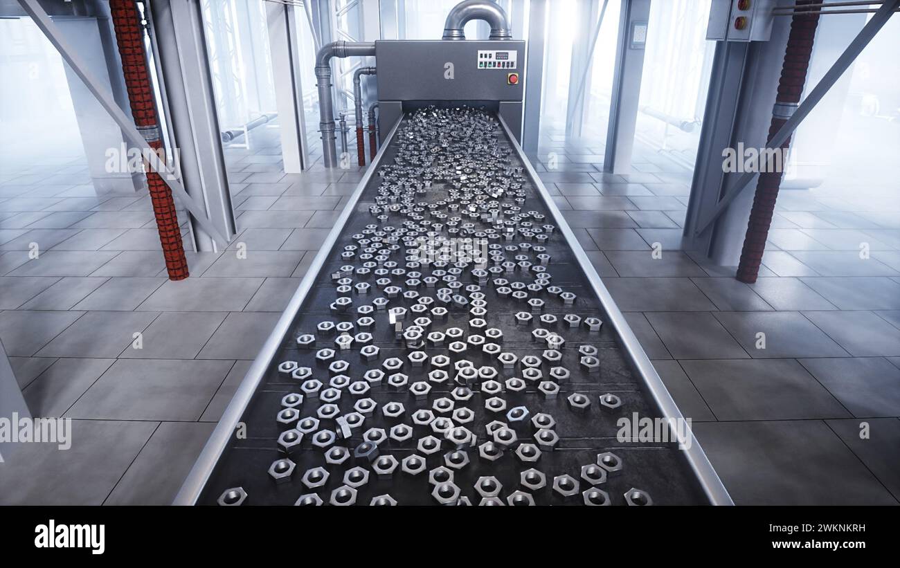 Metallic nut process production. Factory, production line. 3d rendering ...