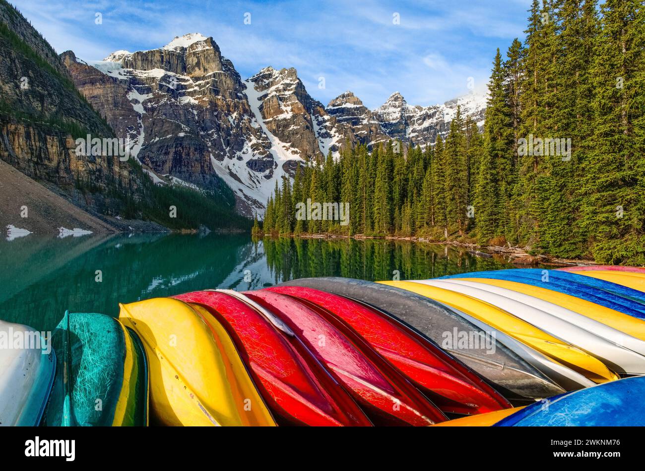 Colourful canoes, Moraine Lake, Banff National Park, Alberta, Canada ...