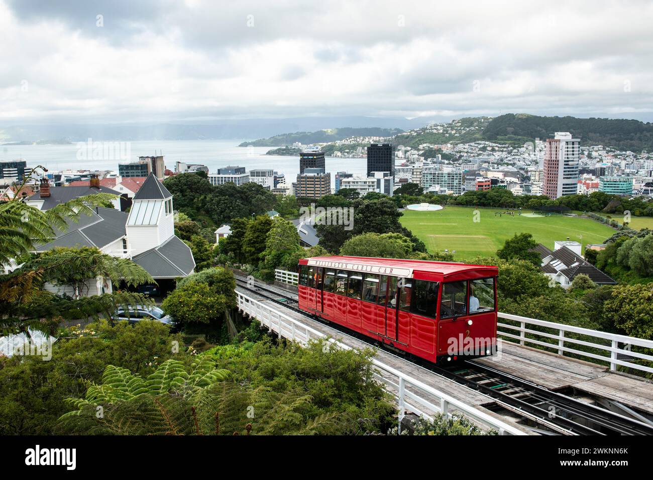 View over the Wellington Harbour and city from the cable car summit ...