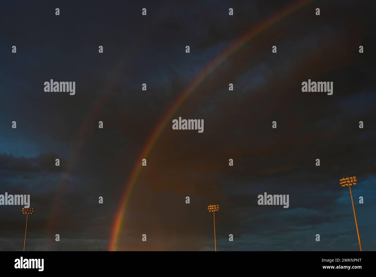 A double rainbow is seen above a practice field at the Cleveland ...