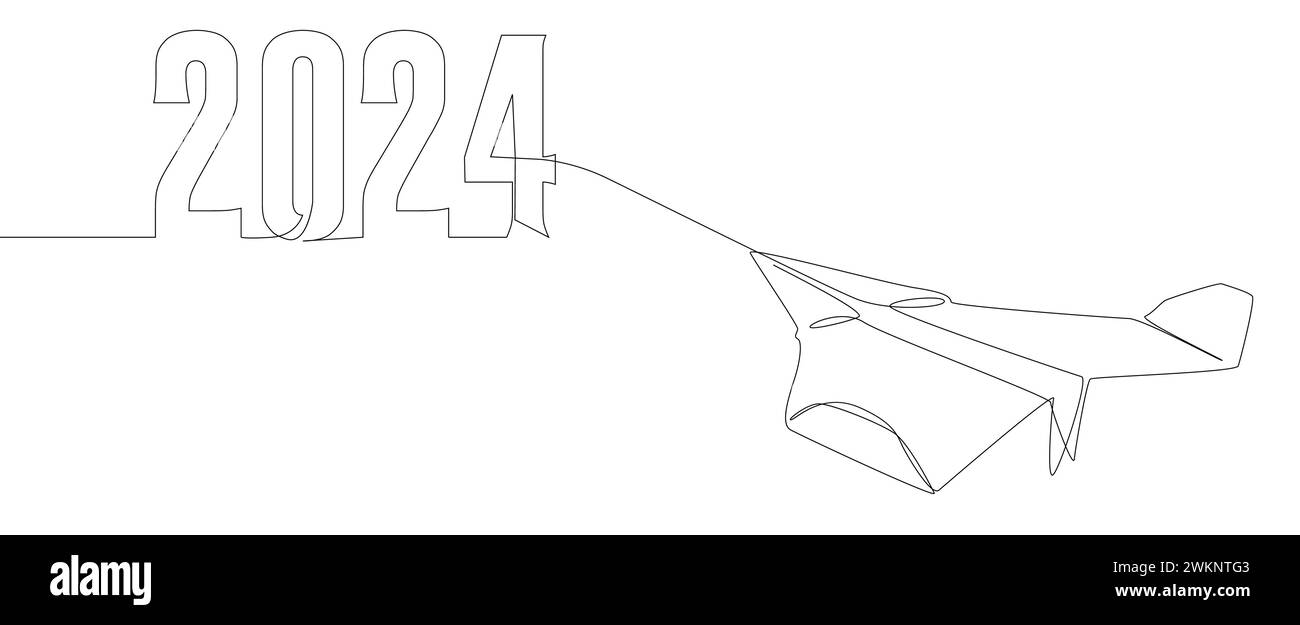 One continuous line of Paper Airplane with number 2024. Thin Line ...