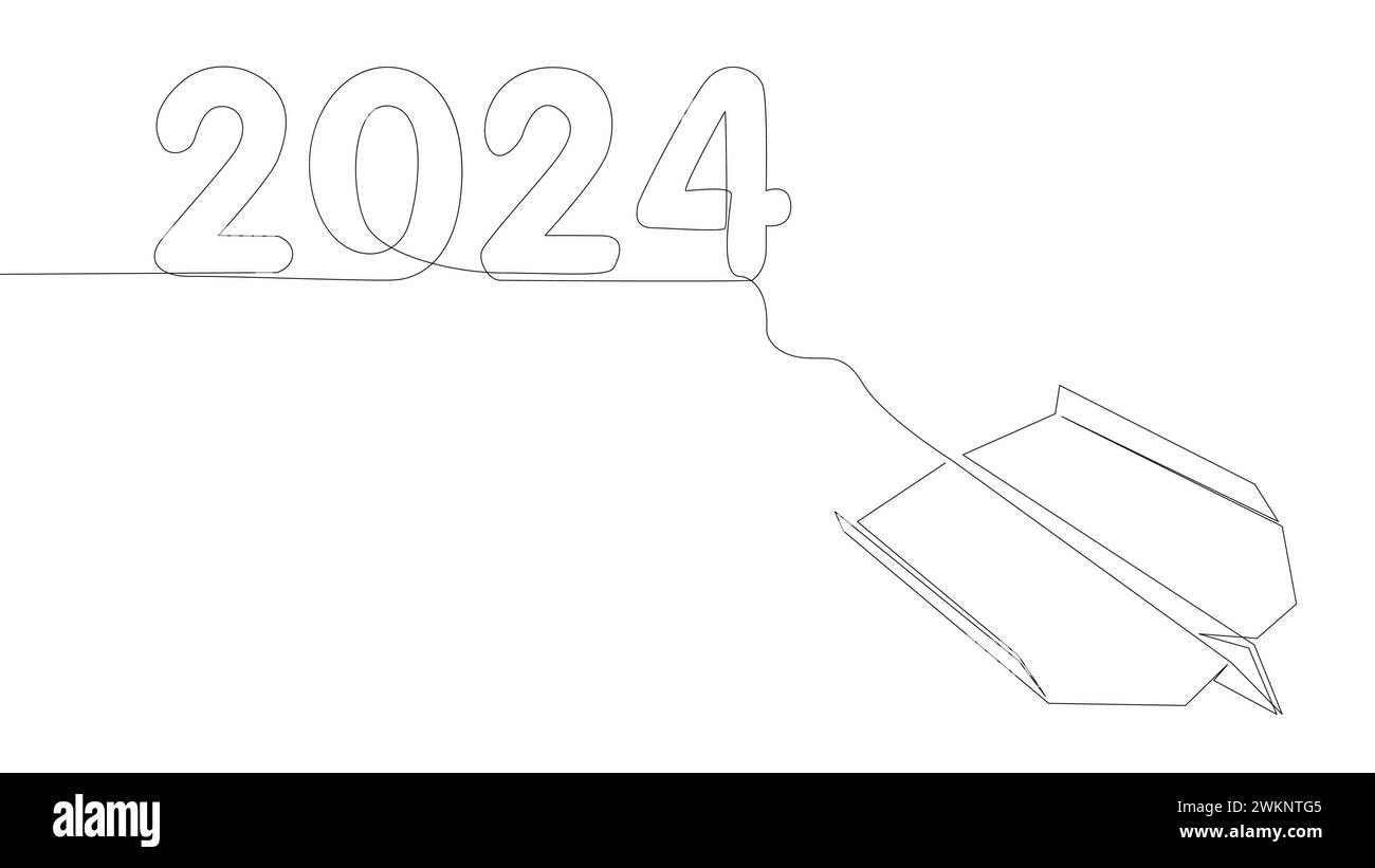 One continuous line of Paper Airplane with number 2024. Thin Line ...