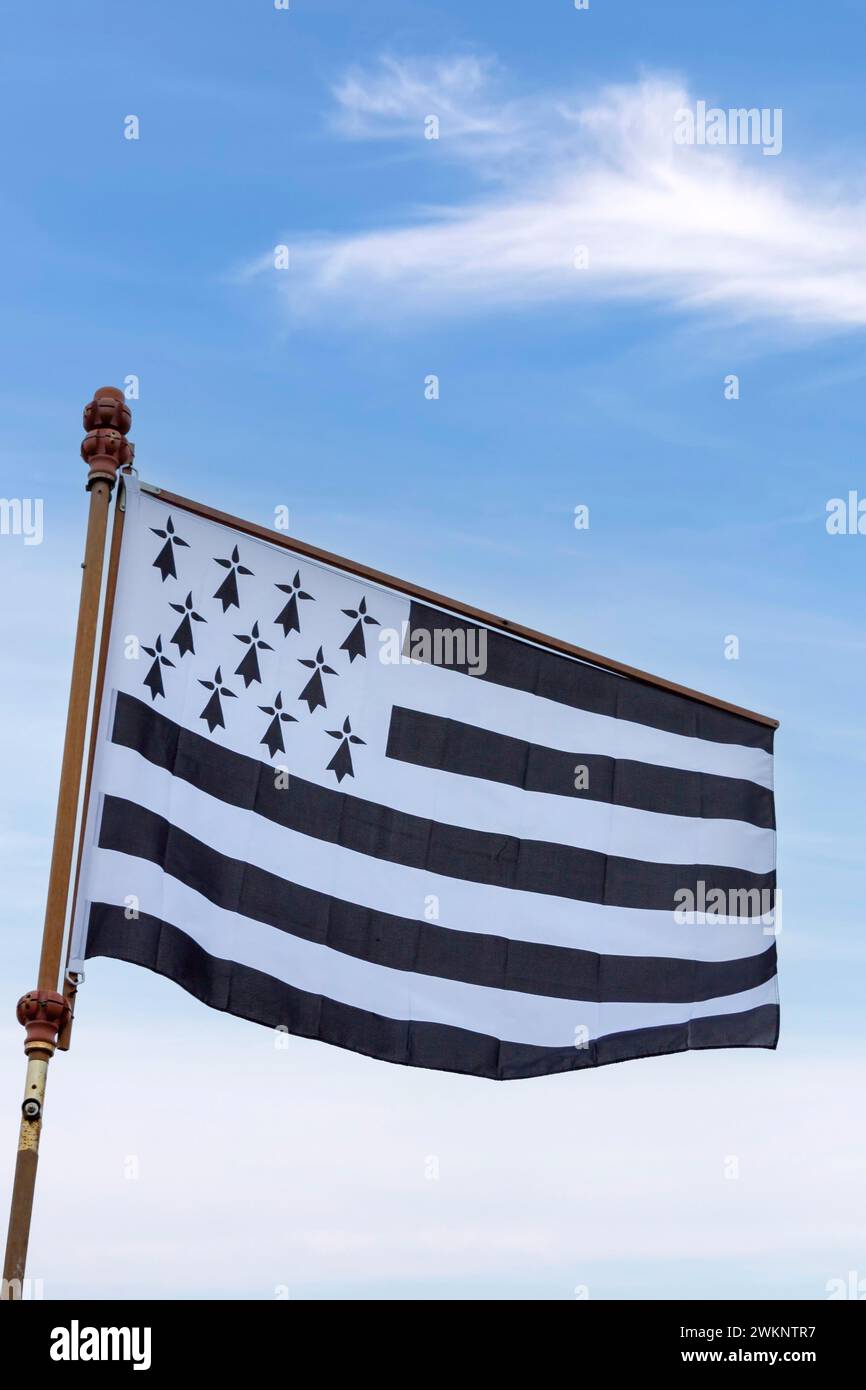 Flag of Brittany, also known as Gwenn ha Du, blowing in the wind ...