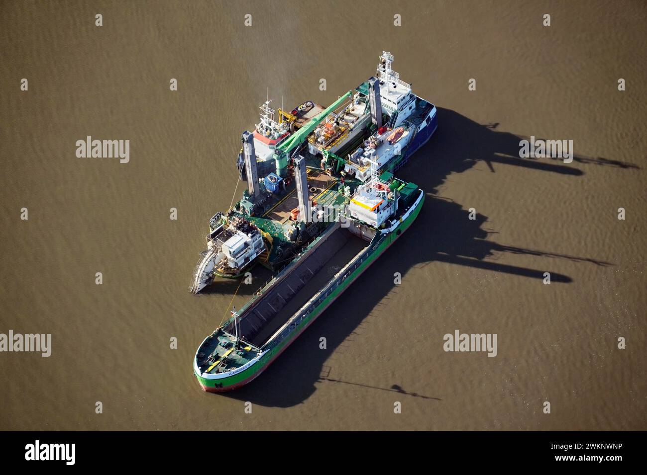 Aerial photo, suction dredger Peter, ship, working ship, Elbe, Elbe ...