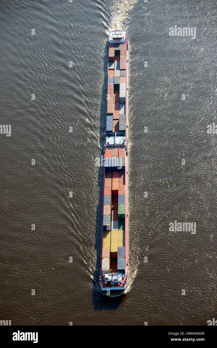 Aerial photo, inland vessel, container taxi, Elbe, container, transport ...