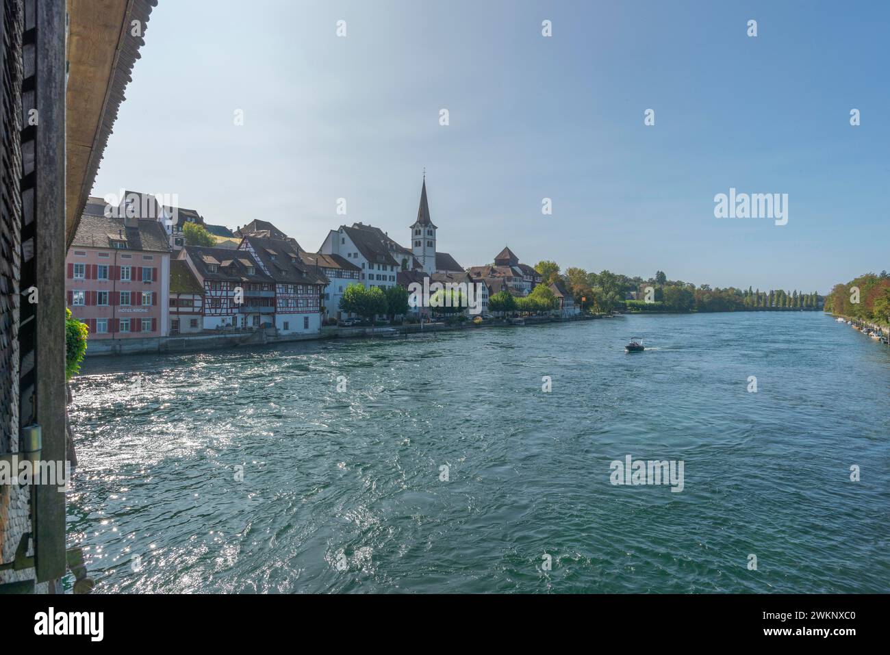 Border town of Dissenhofen on the Rhine, wooden bridge, townscape ...