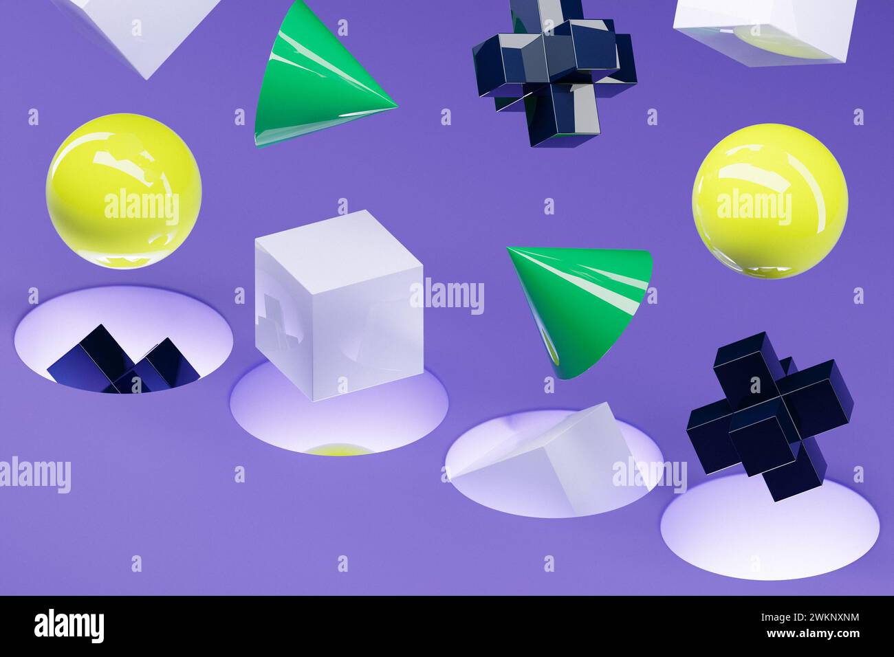 3D illustration of multi-colored volumetric geometric shapes falling ...