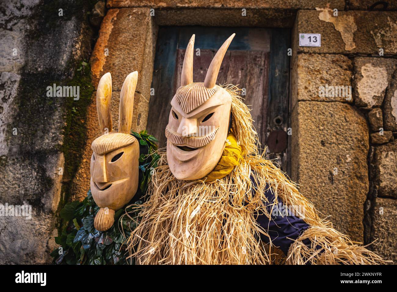 Lazarim, Portugal. 13th Feb, 2024. A couple dressed as Careto pose for ...