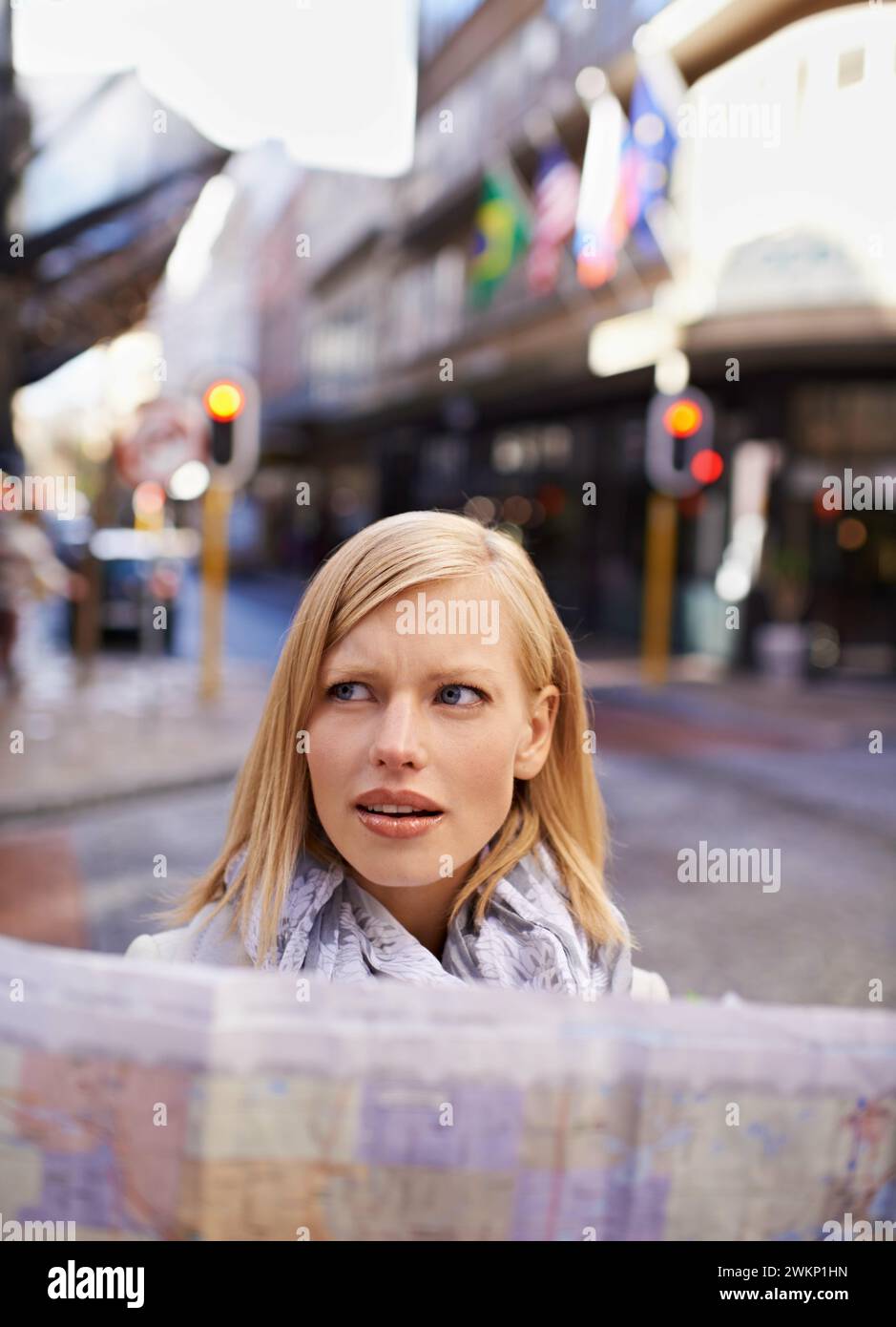 Travel, map and confused with woman in city to search for directions to ...