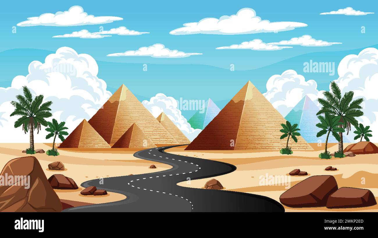 Winding road through a desert with pyramids and palms Stock Vector ...