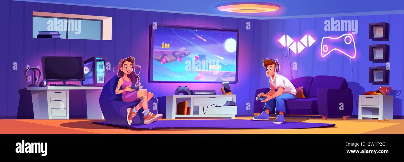 Teenagers playing video game in living room. Vector cartoon ...