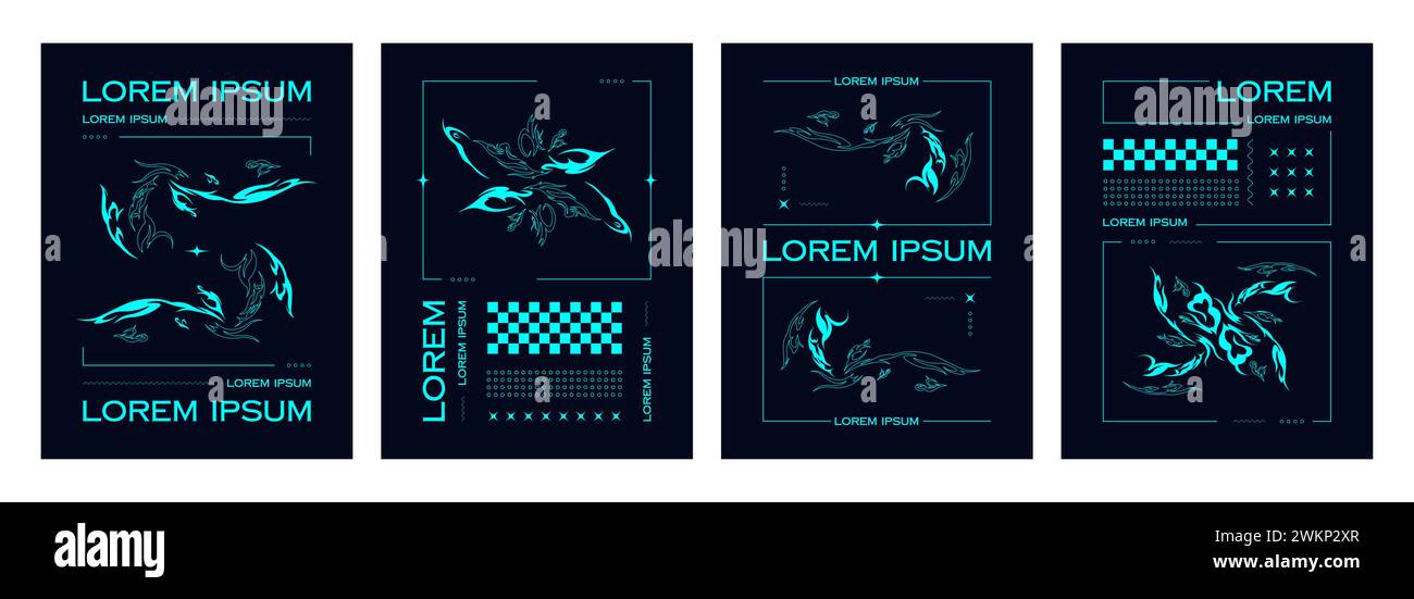 Neon blue abstract neo tribal shapes on black background on poster ...