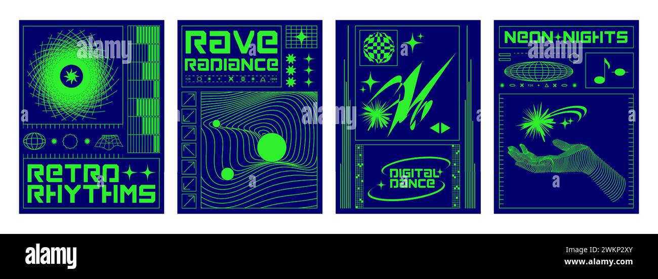 Techno poster design template in y2k style with neon green color grid ...