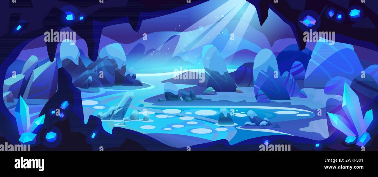 Underground cave with river or lake, waterfall and gemstone crystals in ...