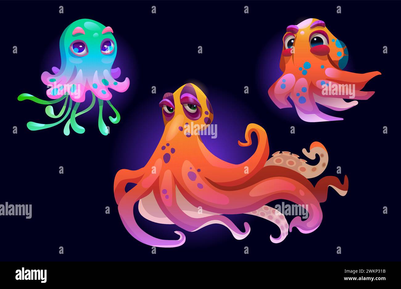 Octopus and jellyfish cartoon characters set. Vector collection of cute ...