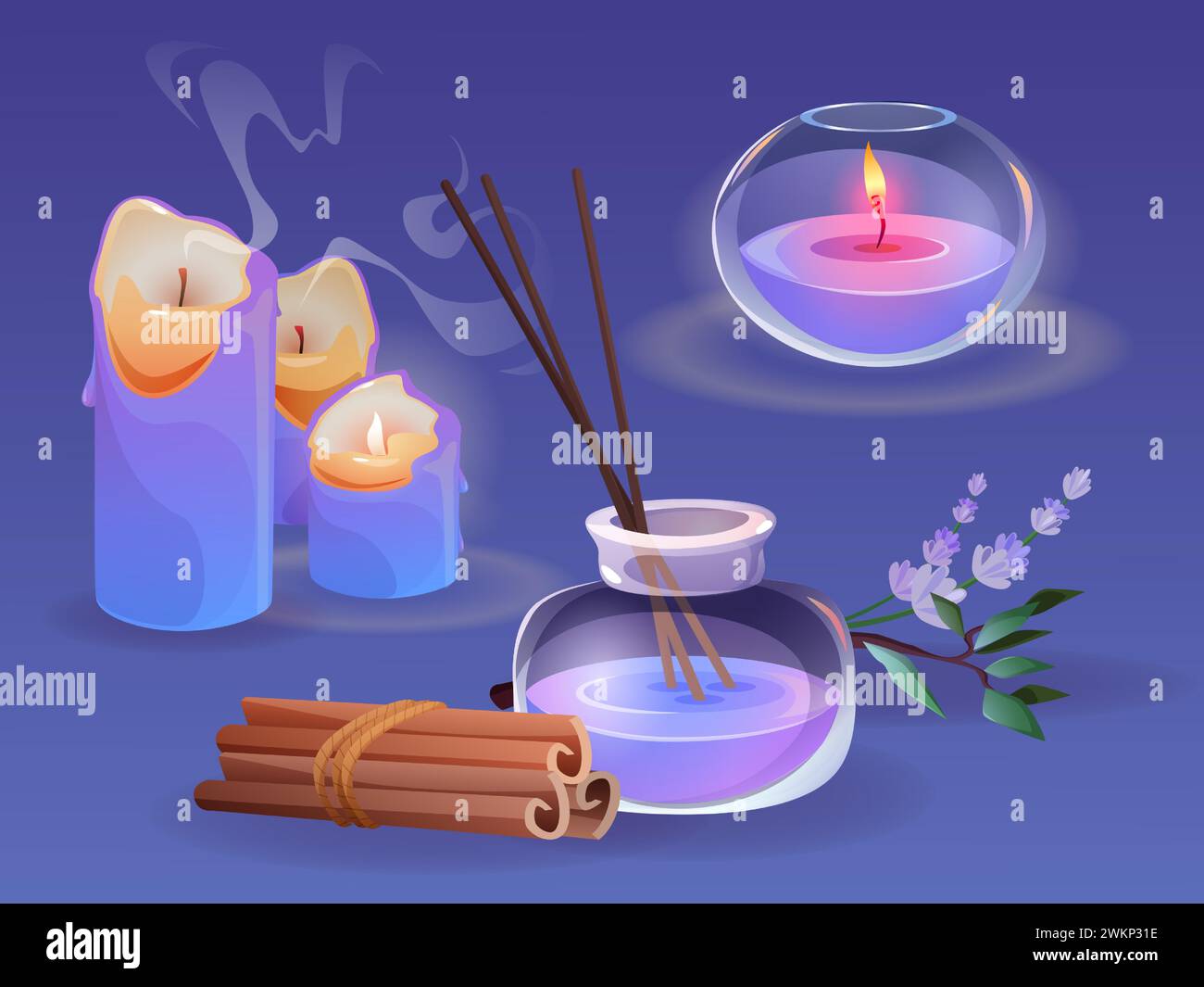 Aromatic candles set isolated on blue background. Vector cartoon ...