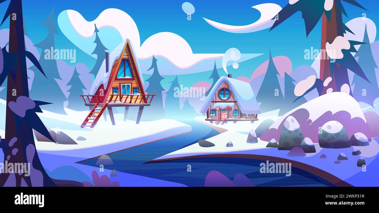 Wooden cabins standing on frozen river bank covered with snow in forest ...