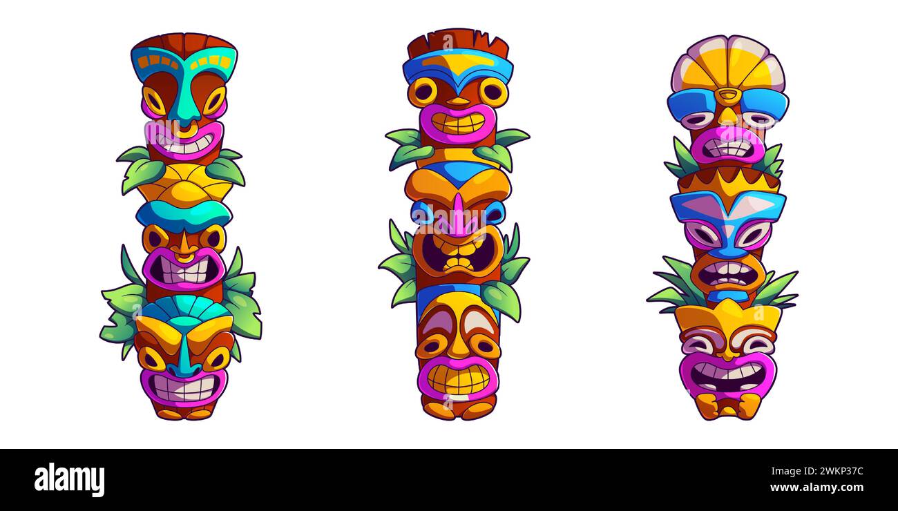 Tiki masks set isolated on white background. Vector cartoon ...