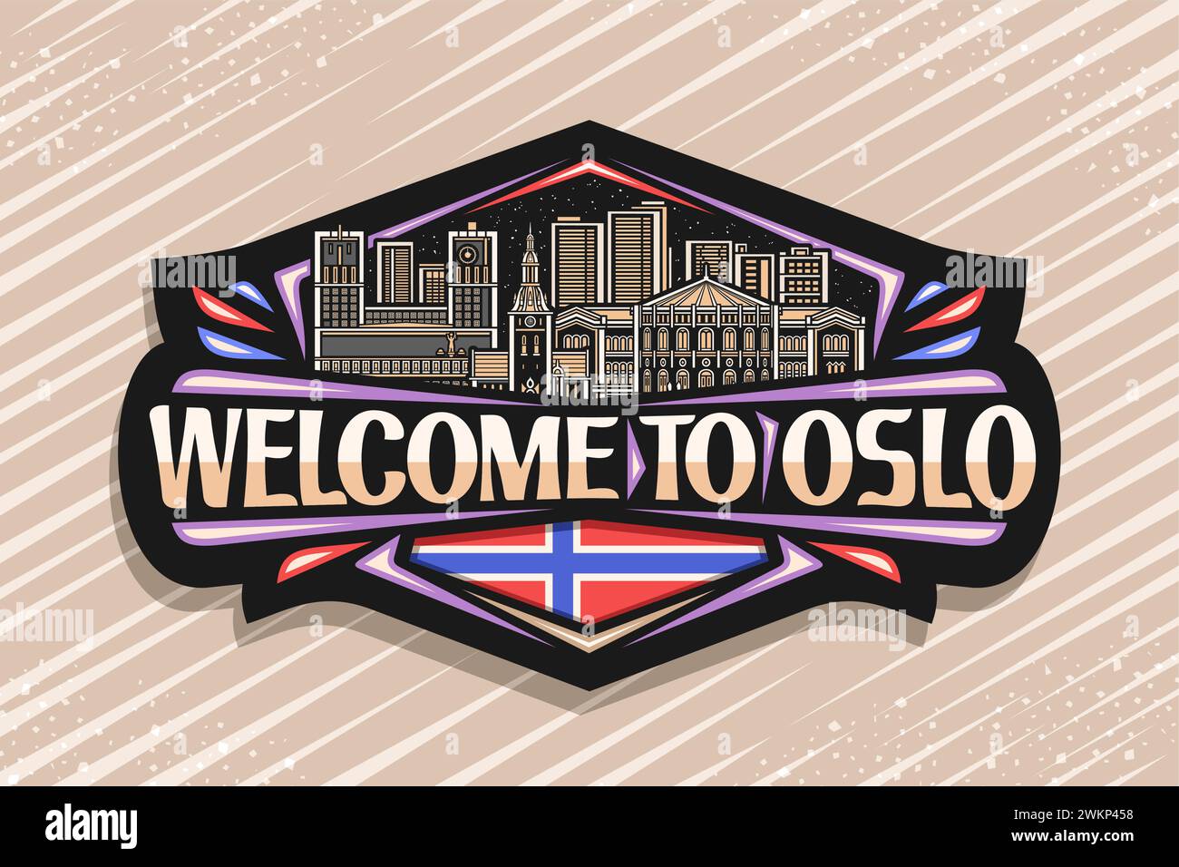 Vector logo for Oslo, dark decorative badge with outline illustration ...