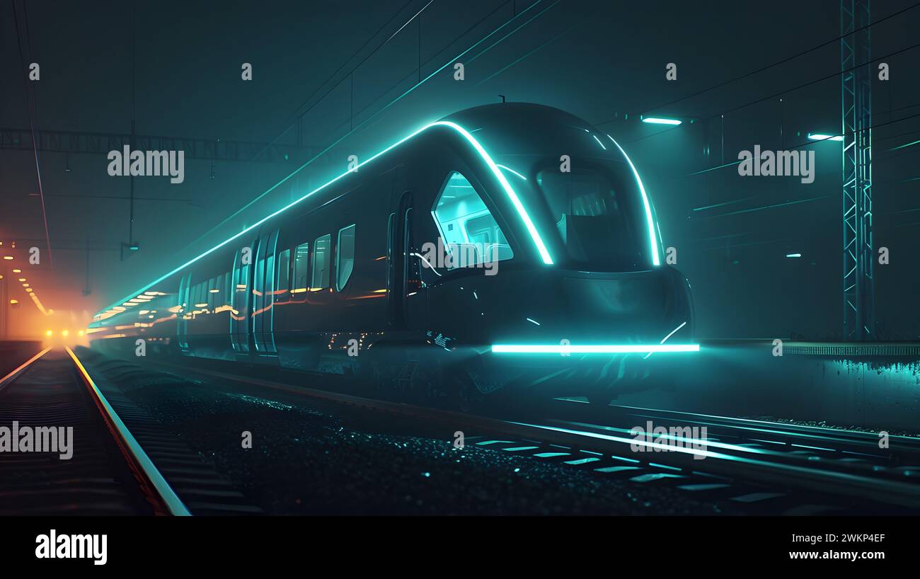 A highly detailed and vibrant image of an electric train with neon ... A highly detailed and vibrant image of an electric train with neon ...