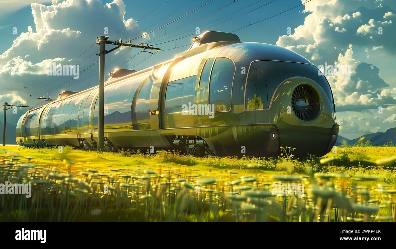 A sleek and modern train travels through a vast and sunny prairie field ...
