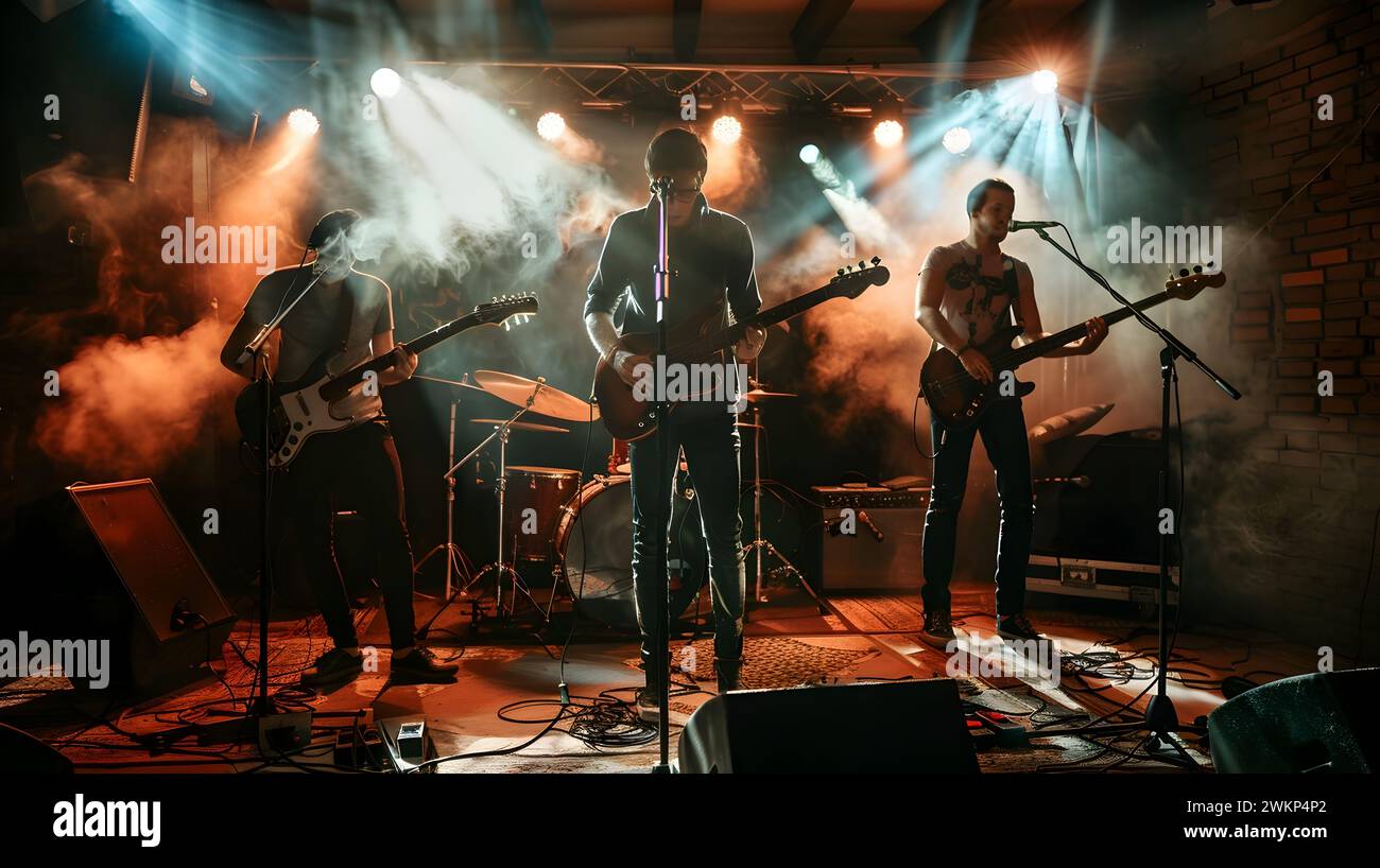 A group of men playing music at a concert with vibrant stage backdrops ...