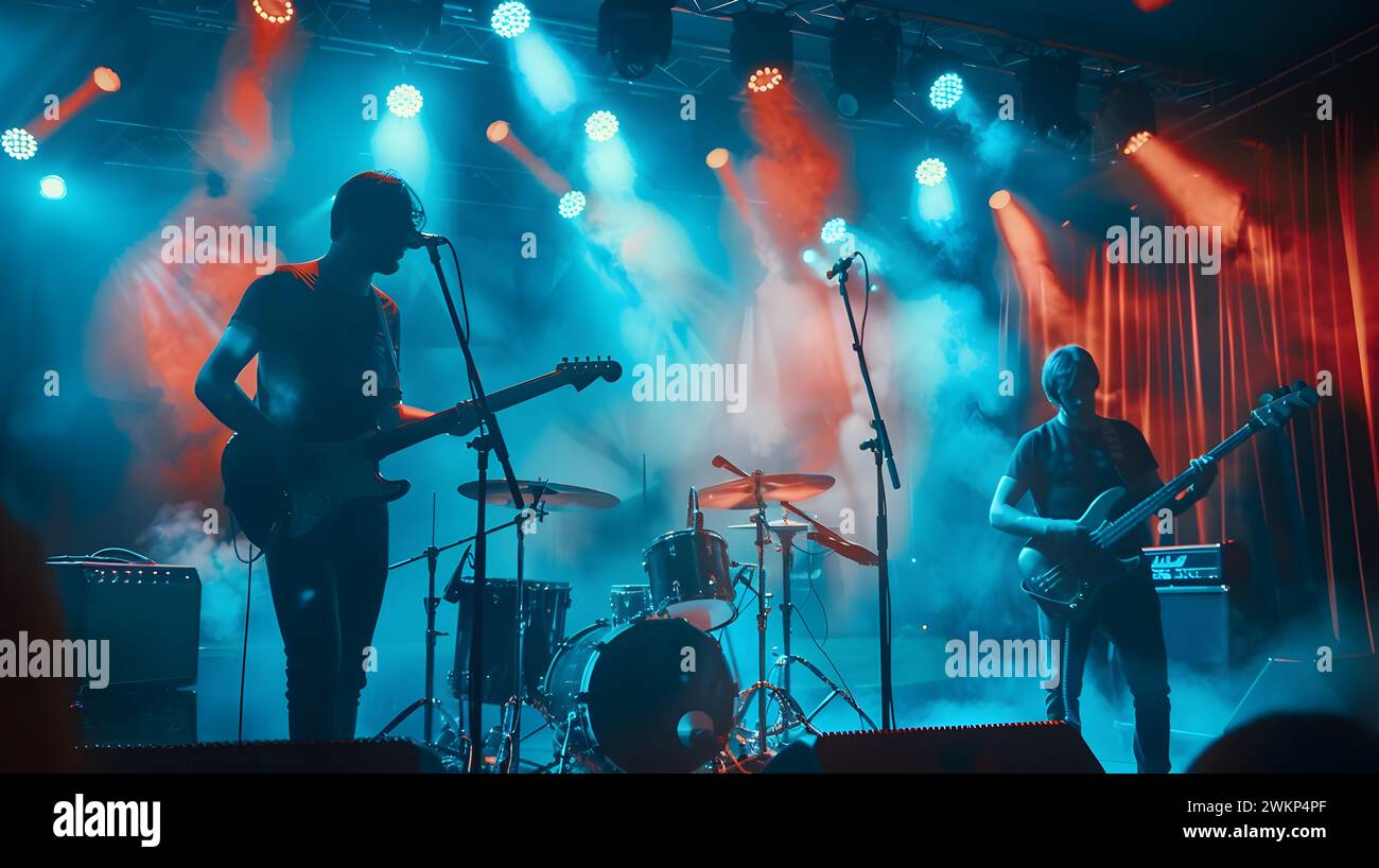 Two bands playing music on stage with atmospheric color washes and blue ...
