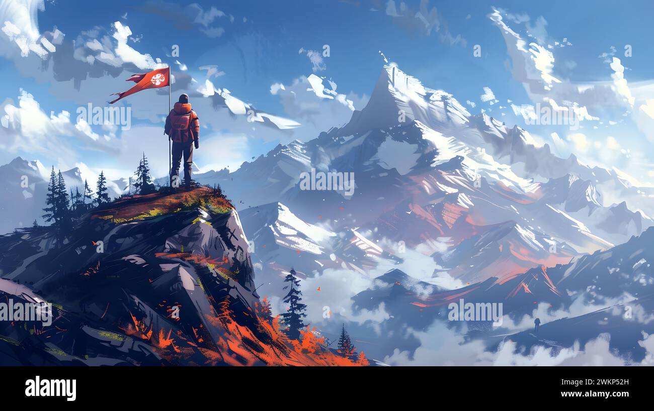 A character stands on top of a rocky mountain peak with a red flag in ...