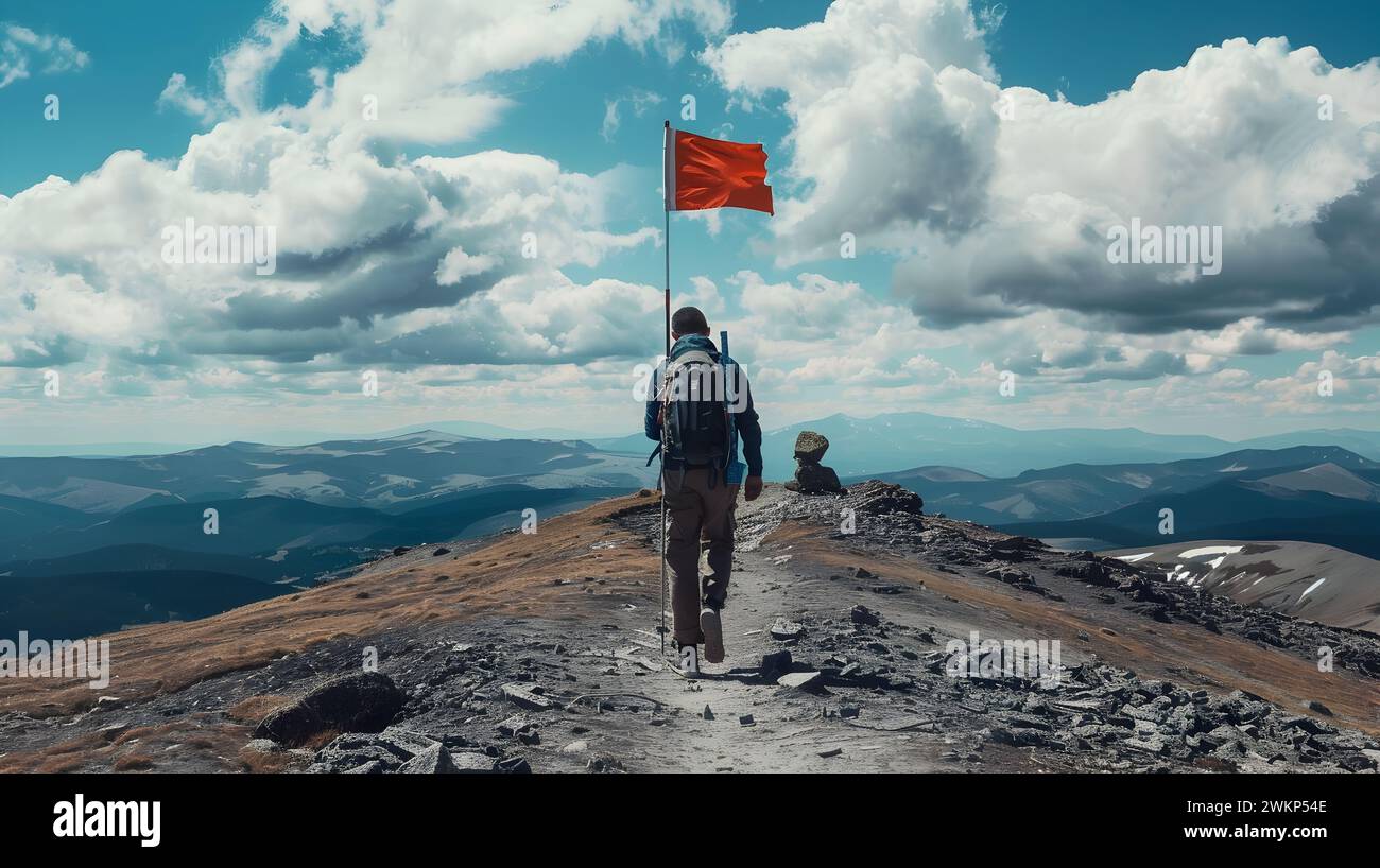 A man on a hiking adventure carrying a red flag in a dystopian ...
