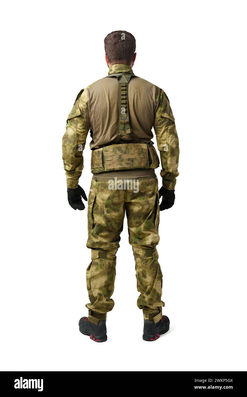 Back view of male soldier in military uniform isolated on white ...