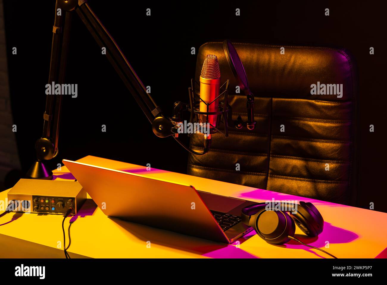 Home studio podcast interior. Microphone, table and chair Stock Photo ...