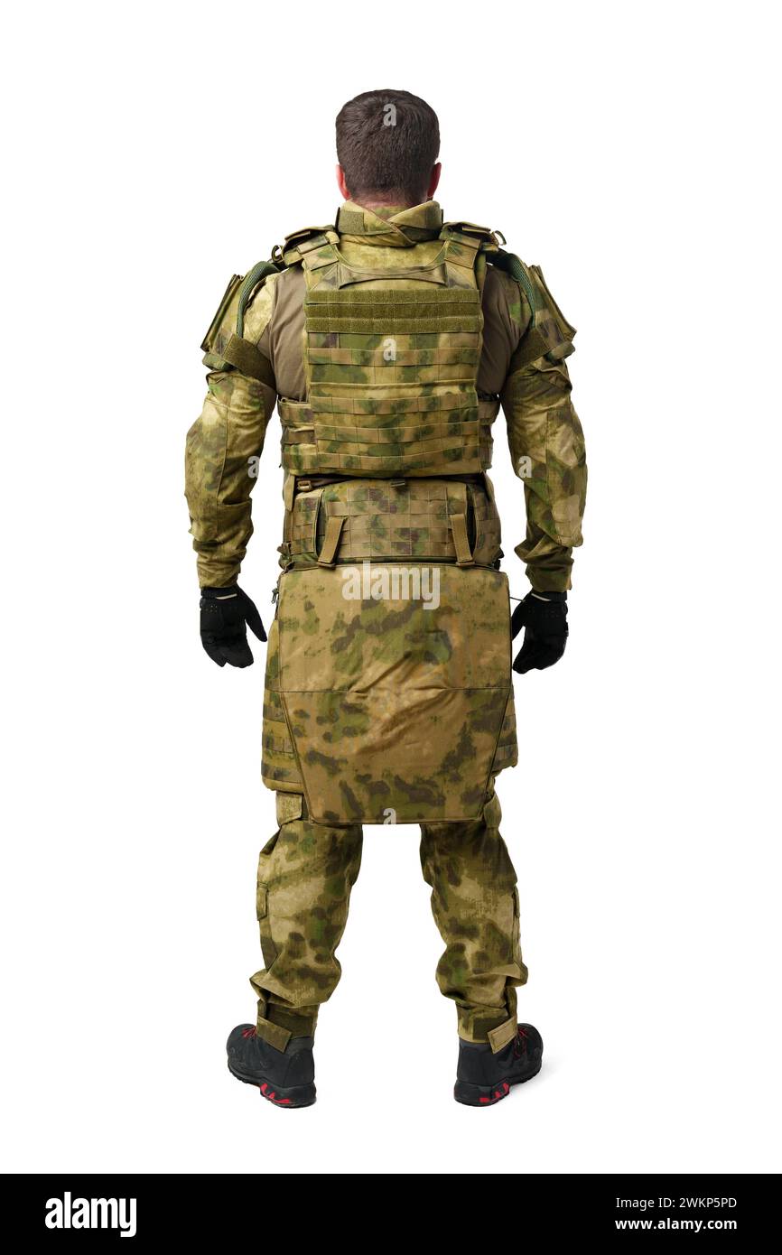 Back view of male soldier in military uniform isolated on white ...
