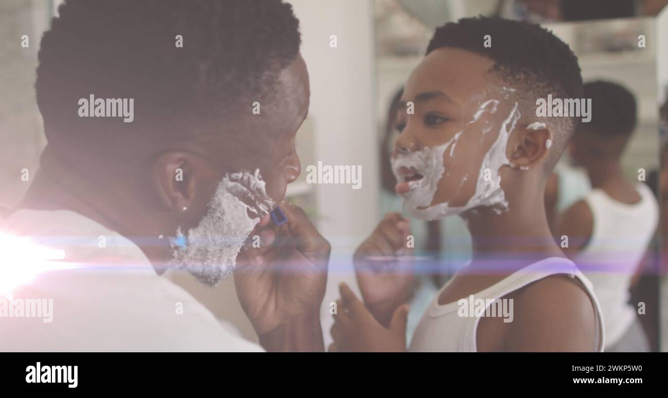 Image of lights over happy african american father and son shaving ...