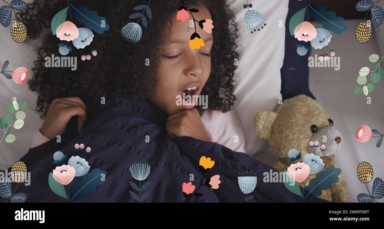 Image of flowers over african american girl yawning in bed Stock Photo ...