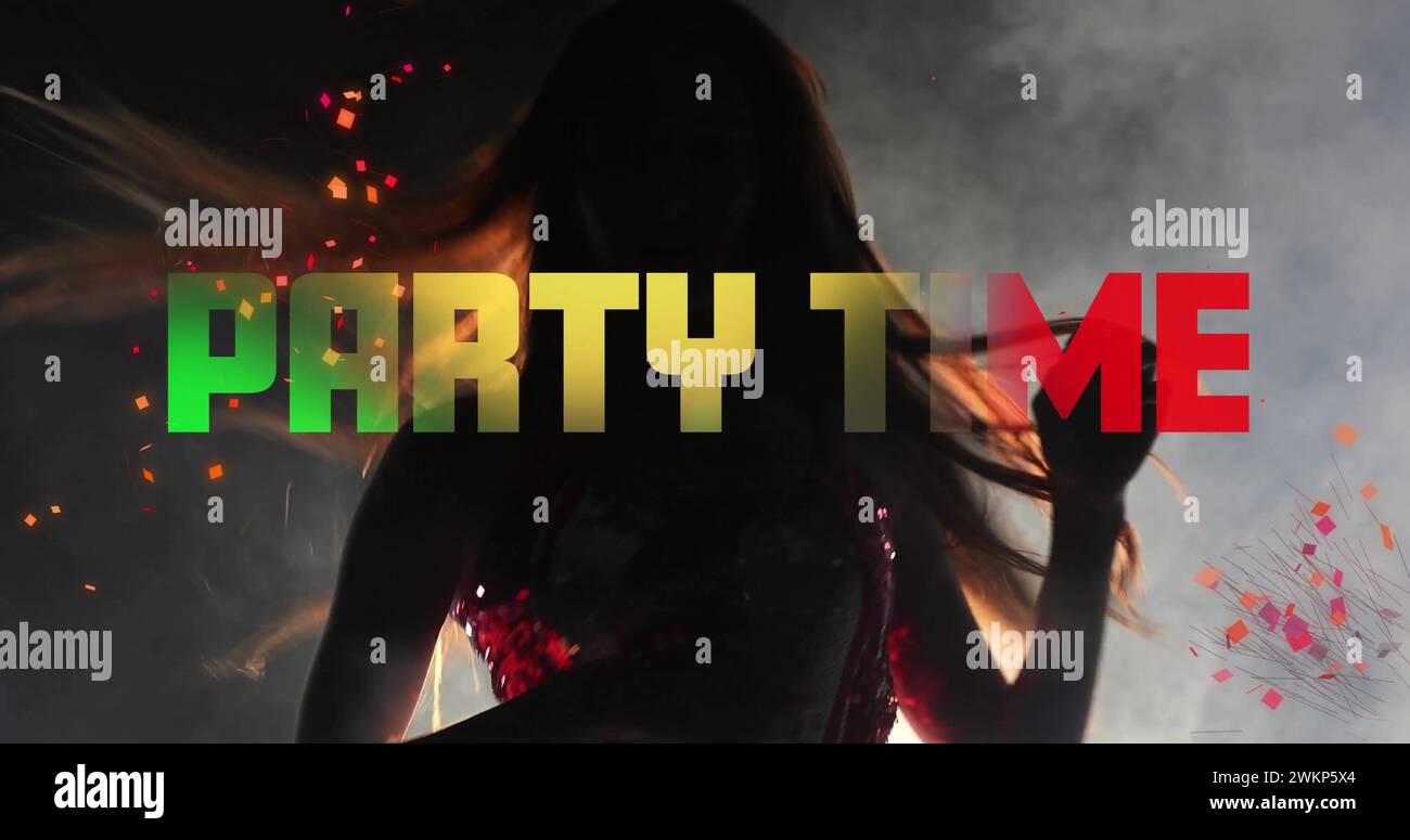 Image of party time text and woman dancing at party background Stock ...