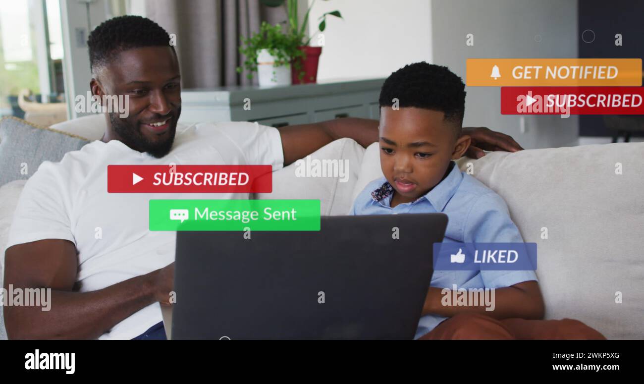 Image of subscribe over happy african american father and son using ...