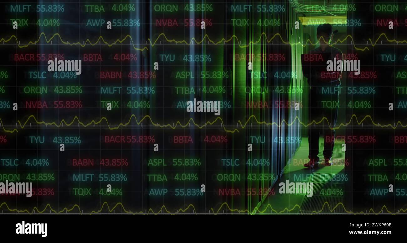 Image of data processing over asian male it engineer with laptop ...