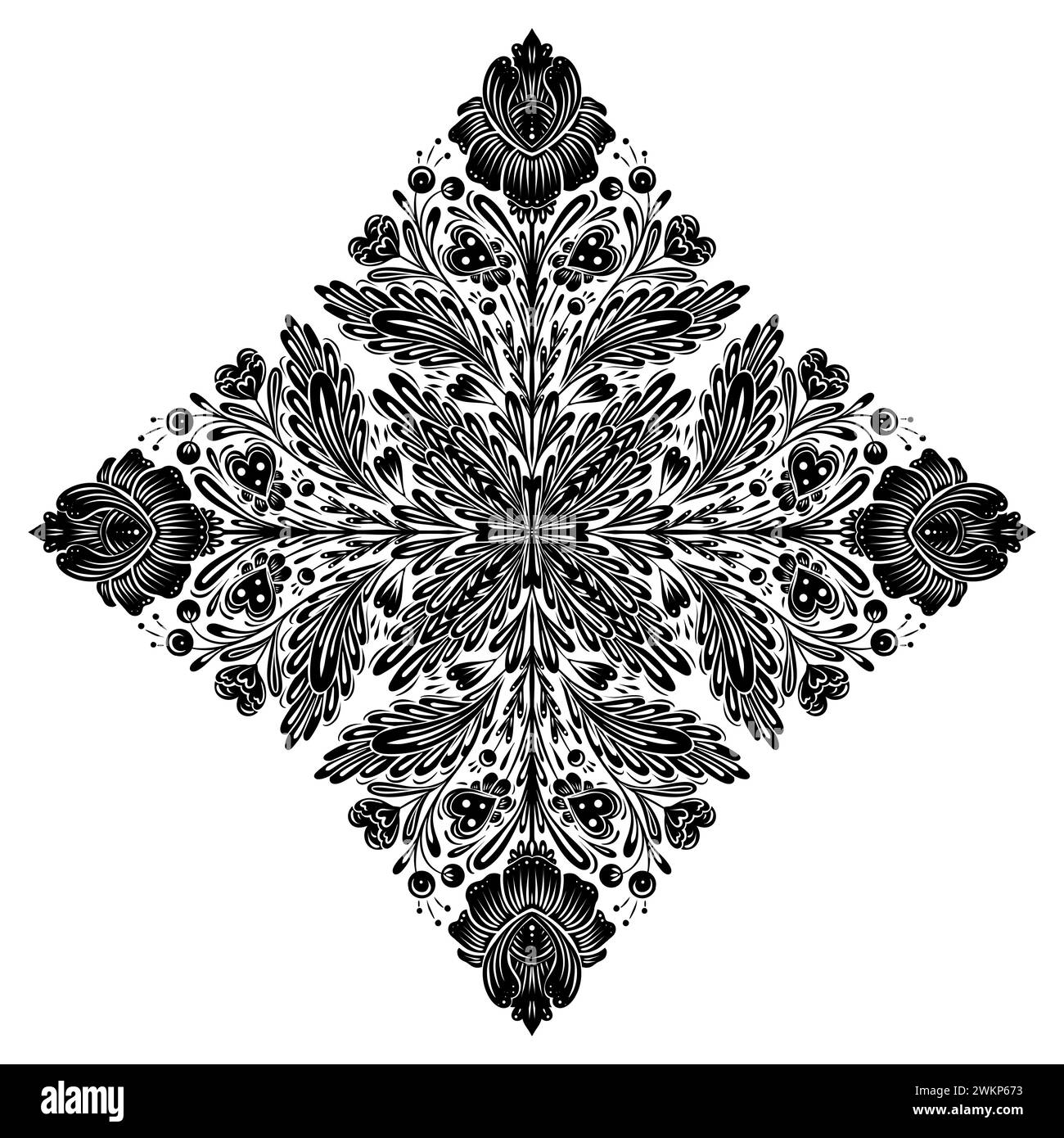 Vector monochrome floral kaleidoscope illustration. Decorative lace ...