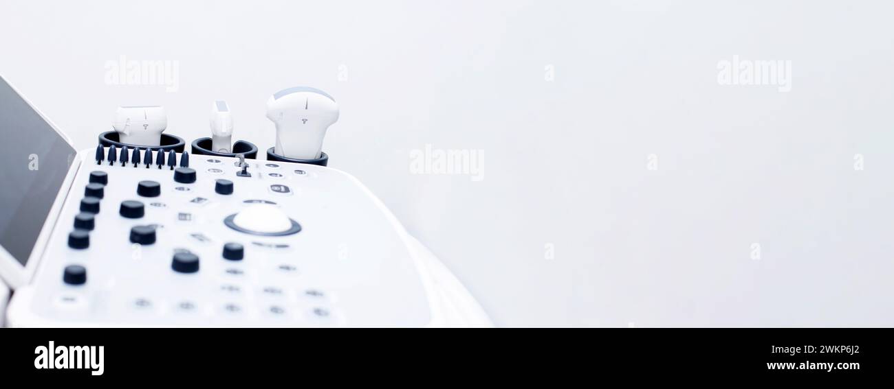 Modern ultrasound machine, scanners and sensors close-up. Medical ...