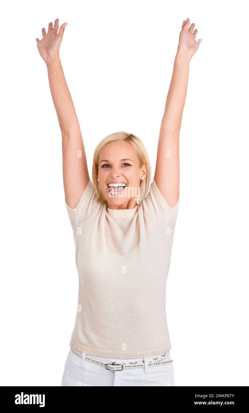 Happy, portrait and woman with arms up celebration in studio for ...