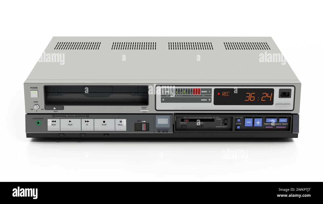 Vintage videocassette recorder or VCR isolated on white background. 3D ...